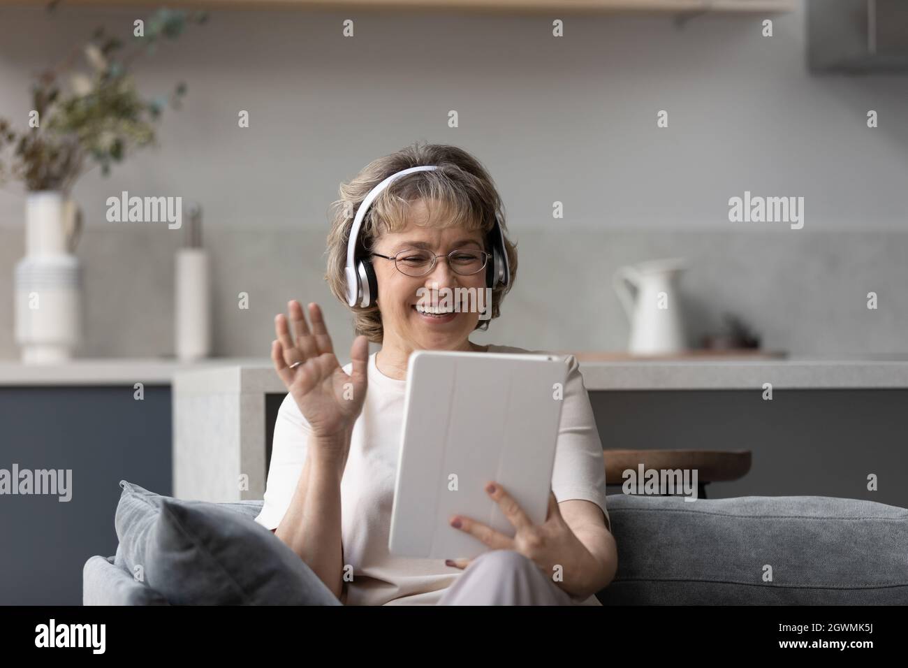 Joyful old middle aged woman holding video call meeting Stock Photo - Alamy
