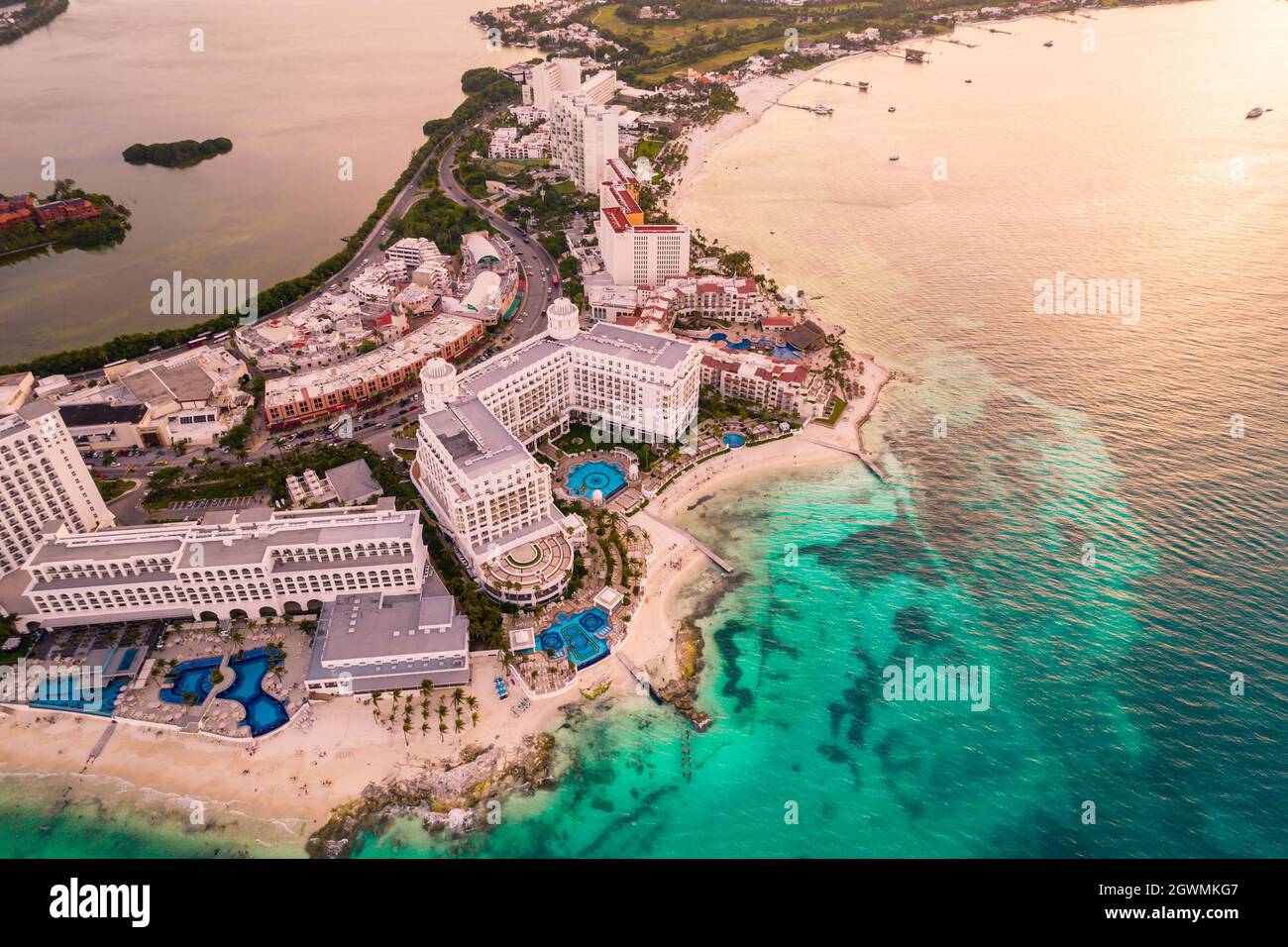 Aerial panoramic view of Cancun beach and city hotel zone in Mexico ...