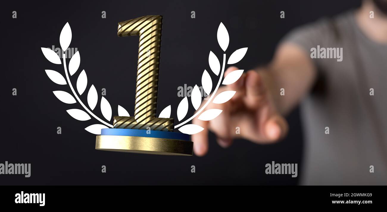 A person presenting a 3D rendered projection of a first-place award ...