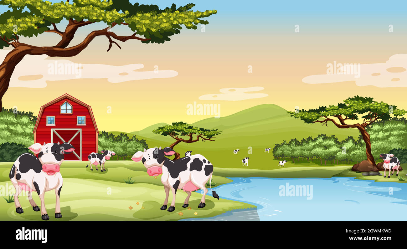 Farm scene with cows Stock Vector Image & Art - Alamy