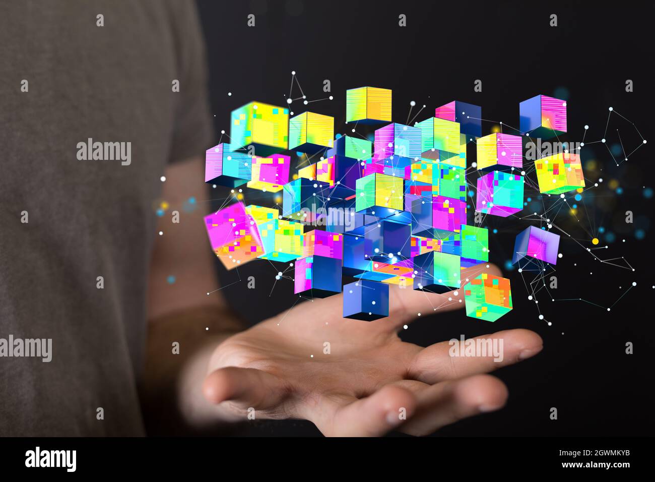 A person presenting a 3D rendered projection of a cloud storage and AI ...