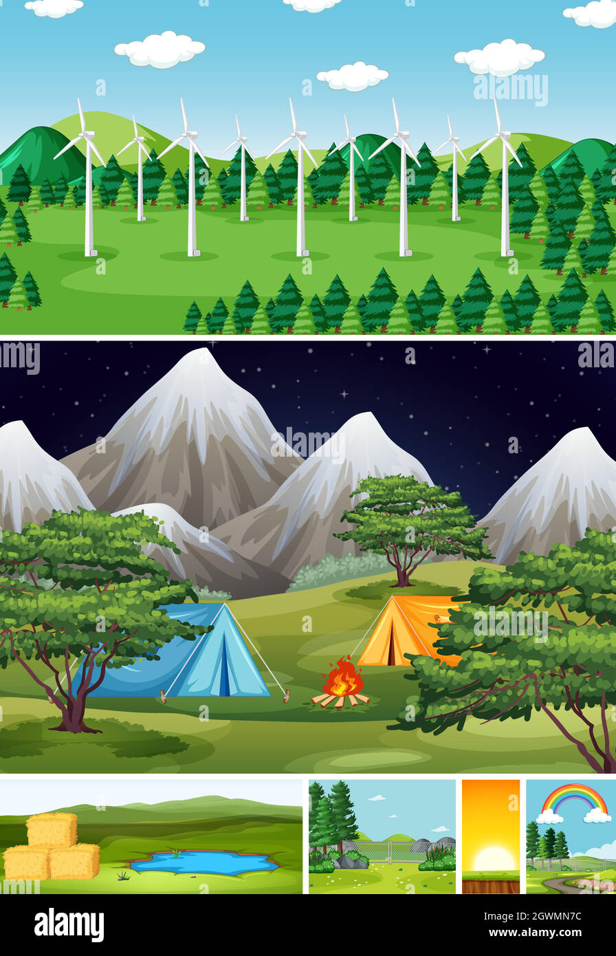 Six different scenes in nature setting cartoon style Stock Vector Image ...