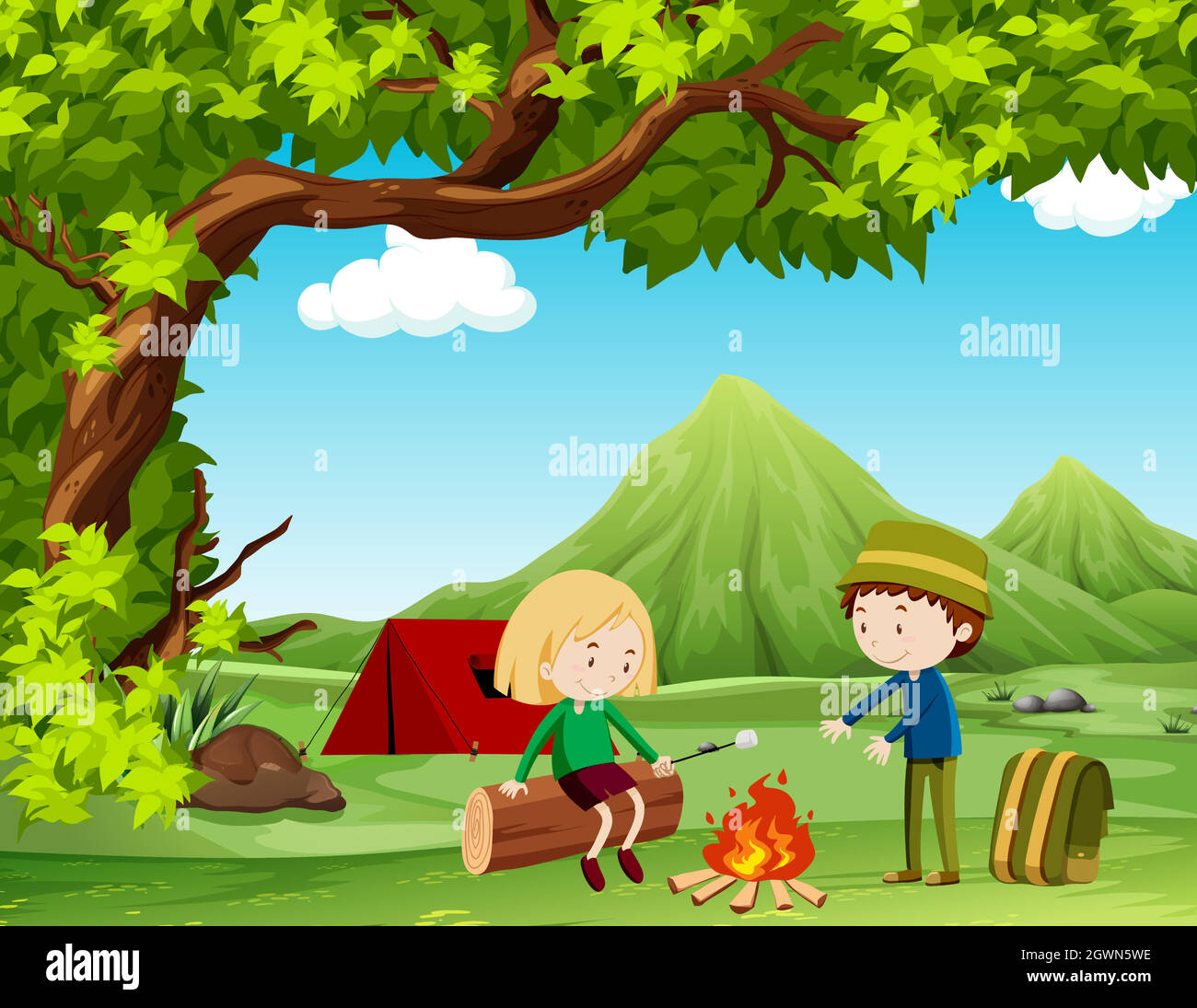 Boy and girl camping out in the field Stock Vector Image & Art - Alamy