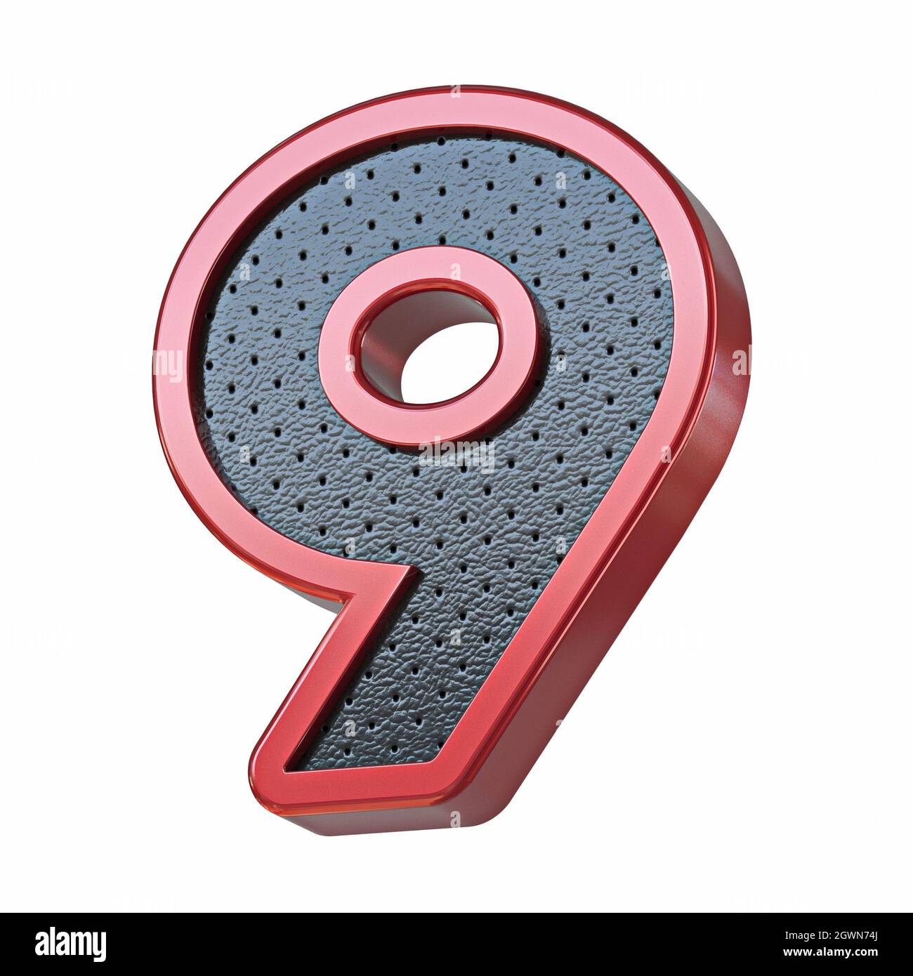Red shinny metal and black leather font Number 9 NINE 3D render ...