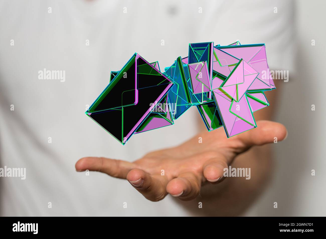 A person presenting a 3D rendered projection of network communications ...