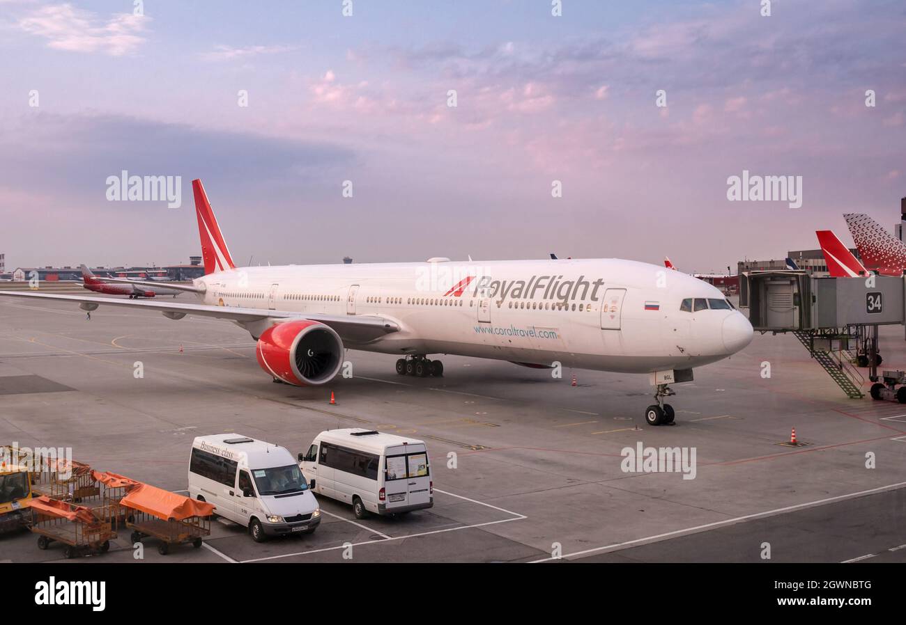 MOSCOW, RUSSIA - 08 02 2021: Boeing 777 jet plane of Russian charter ...
