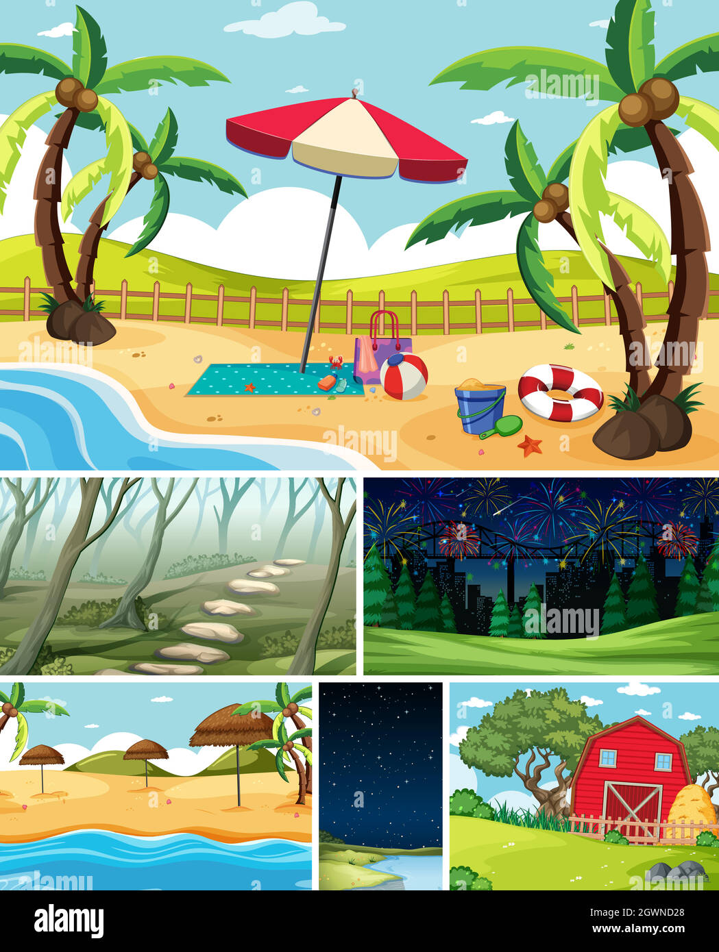 Six different scenes in nature setting cartoon style Stock Vector Image ...