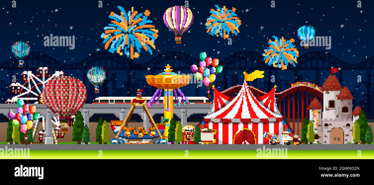 Themepark scene with many rides at night Stock Vector Image & Art - Alamy