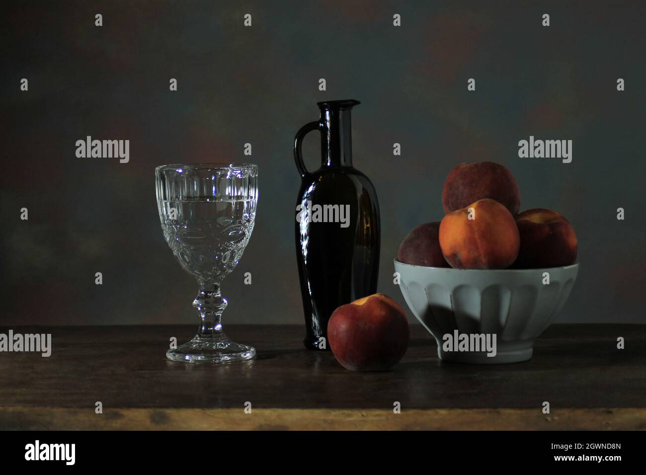 Still Life Composed Of Objects And Fruit On Wooden Table And White ...