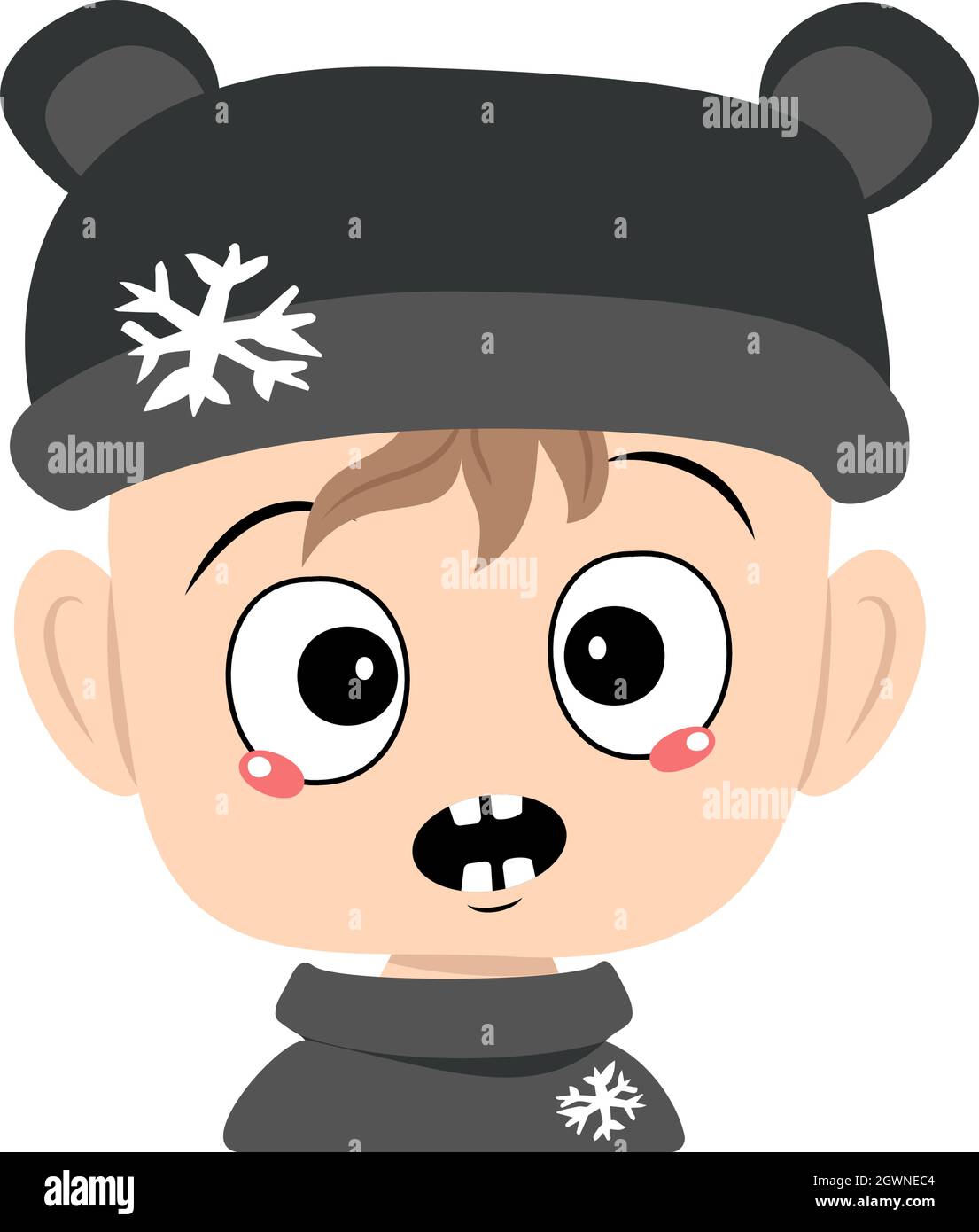 Child with emotions panic, surprised face, shocked eyes in bear hat ...