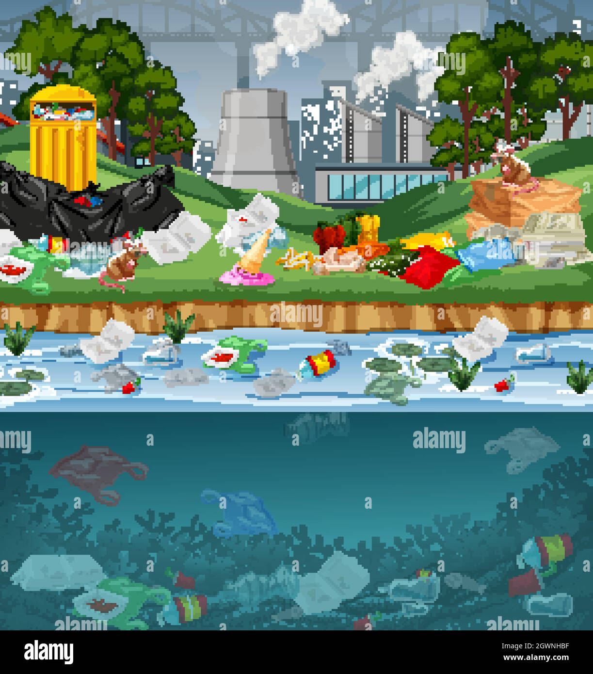 Water pollution with plastic bags in park Stock Vector Image & Art - Alamy