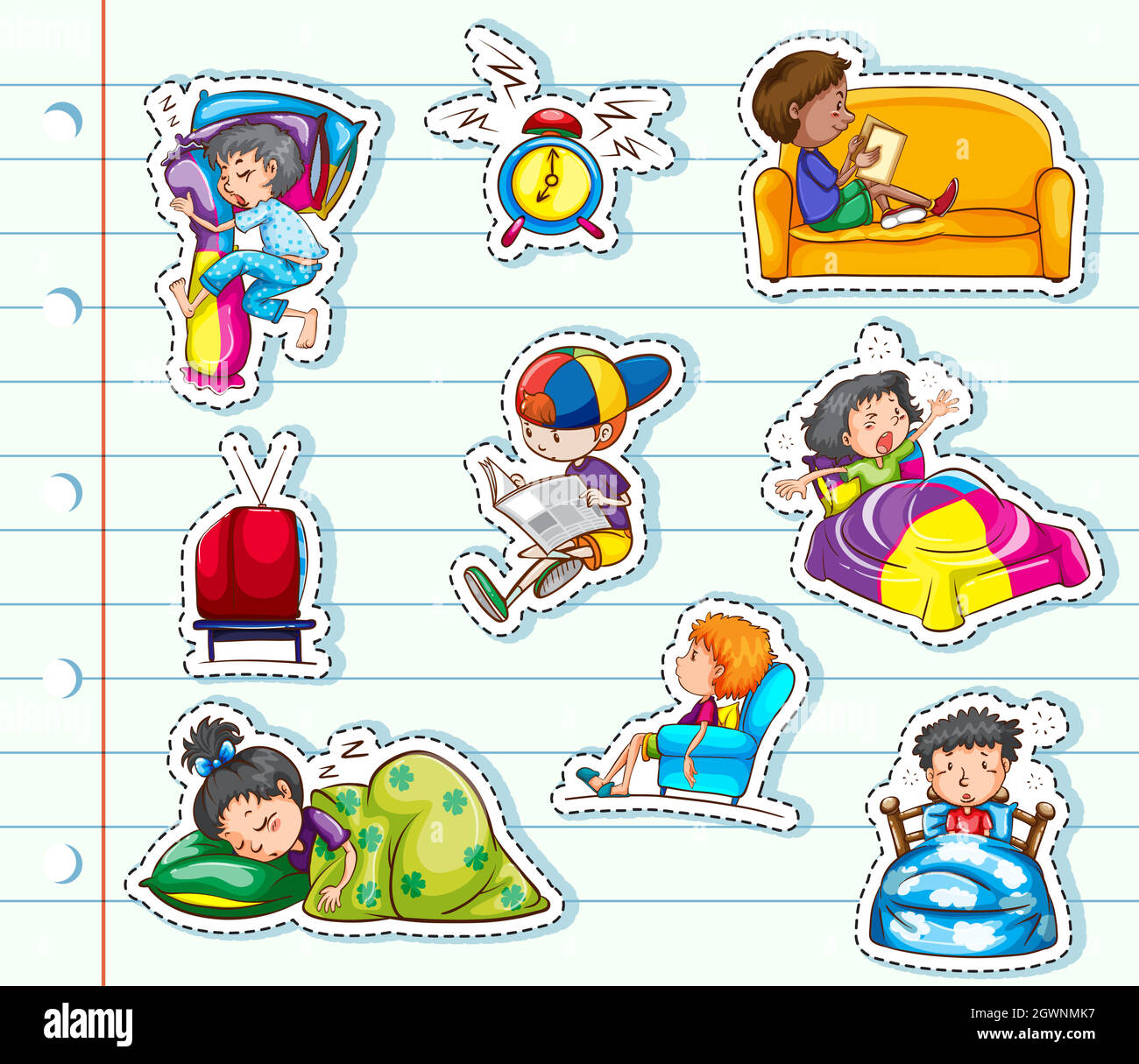 Sticker design with kids relaxing in bed and sofa Stock Vector Image ...