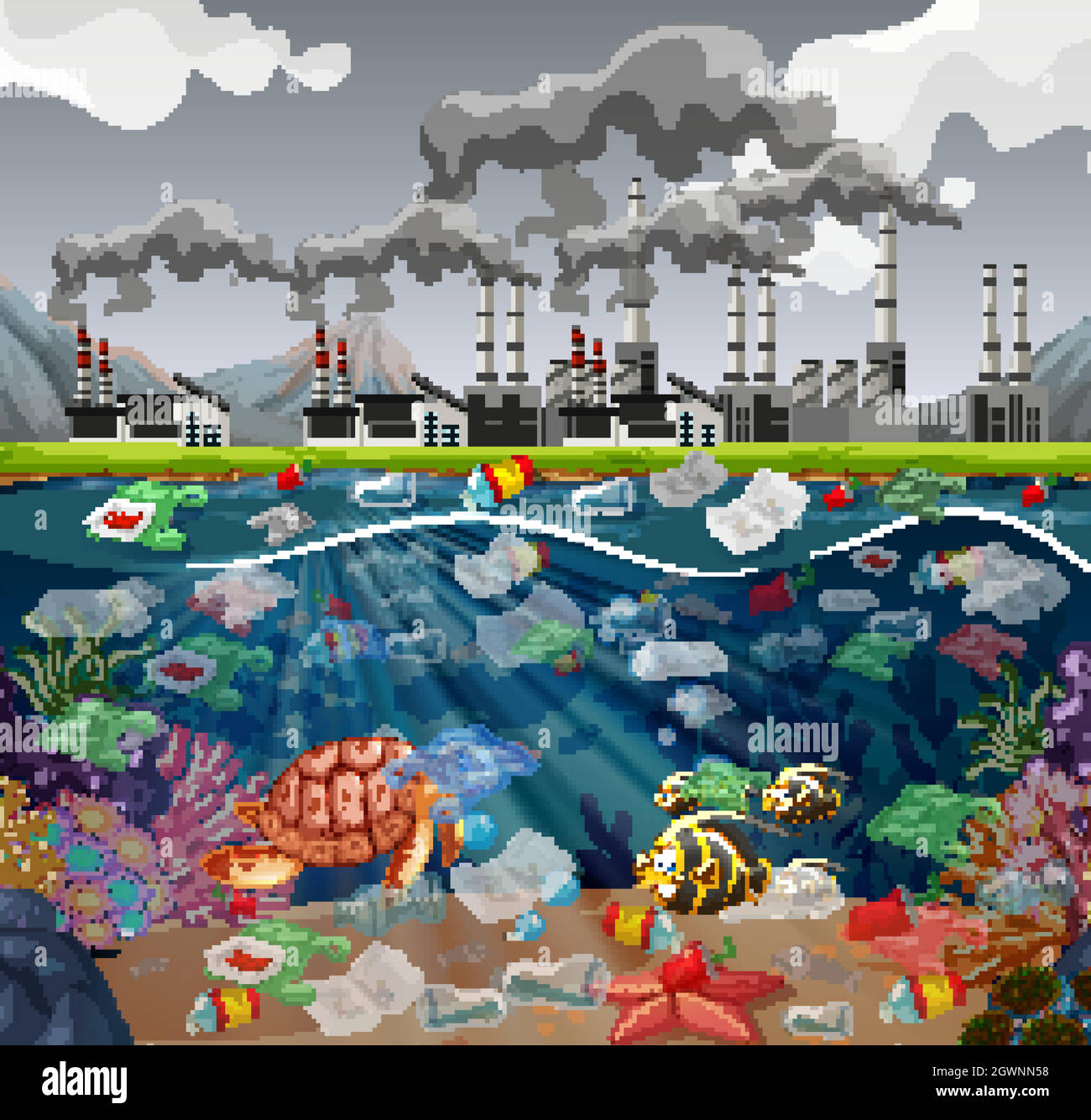 Water pollution with plastic bags in ocean Stock Vector Image & Art - Alamy