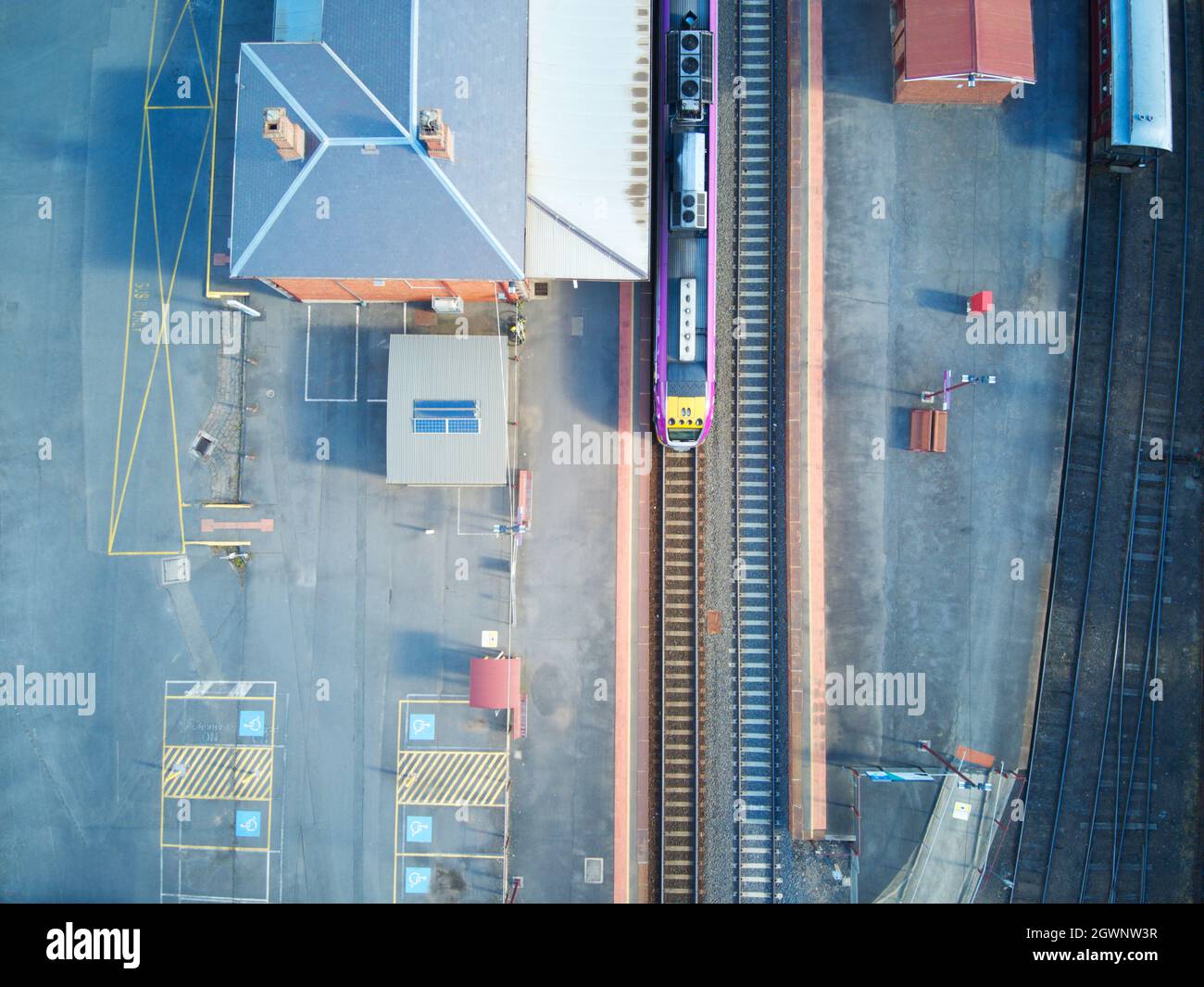 Aerial view train station platform and locomotive, intercity public ...