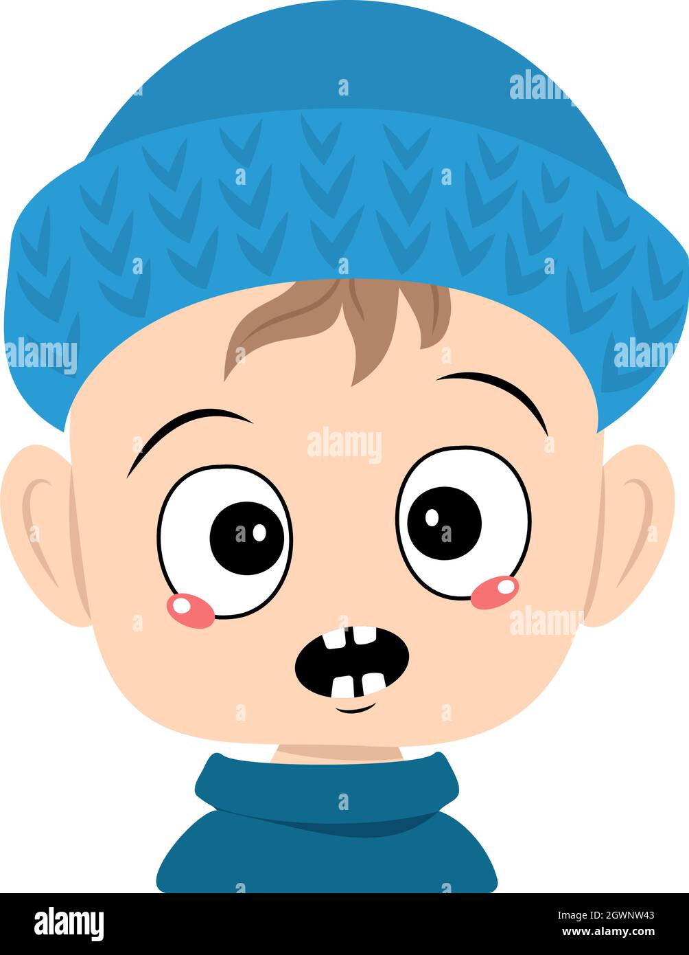 Boy with emotions panic, surprised face, shocked eyes in blue knitted ...