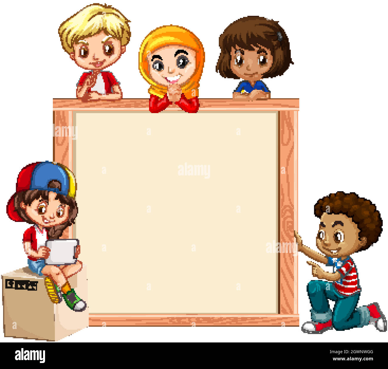 Frame template with happy kids on wooden board Stock Vector Image & Art ...