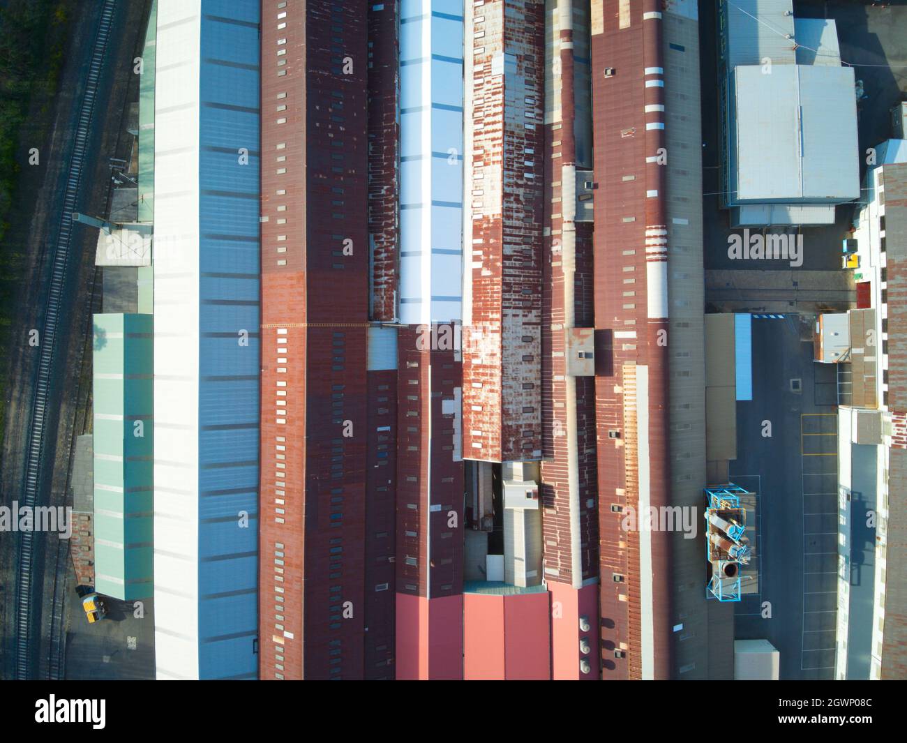 Aerial view factory roof showing urban design, steelworks factory ...