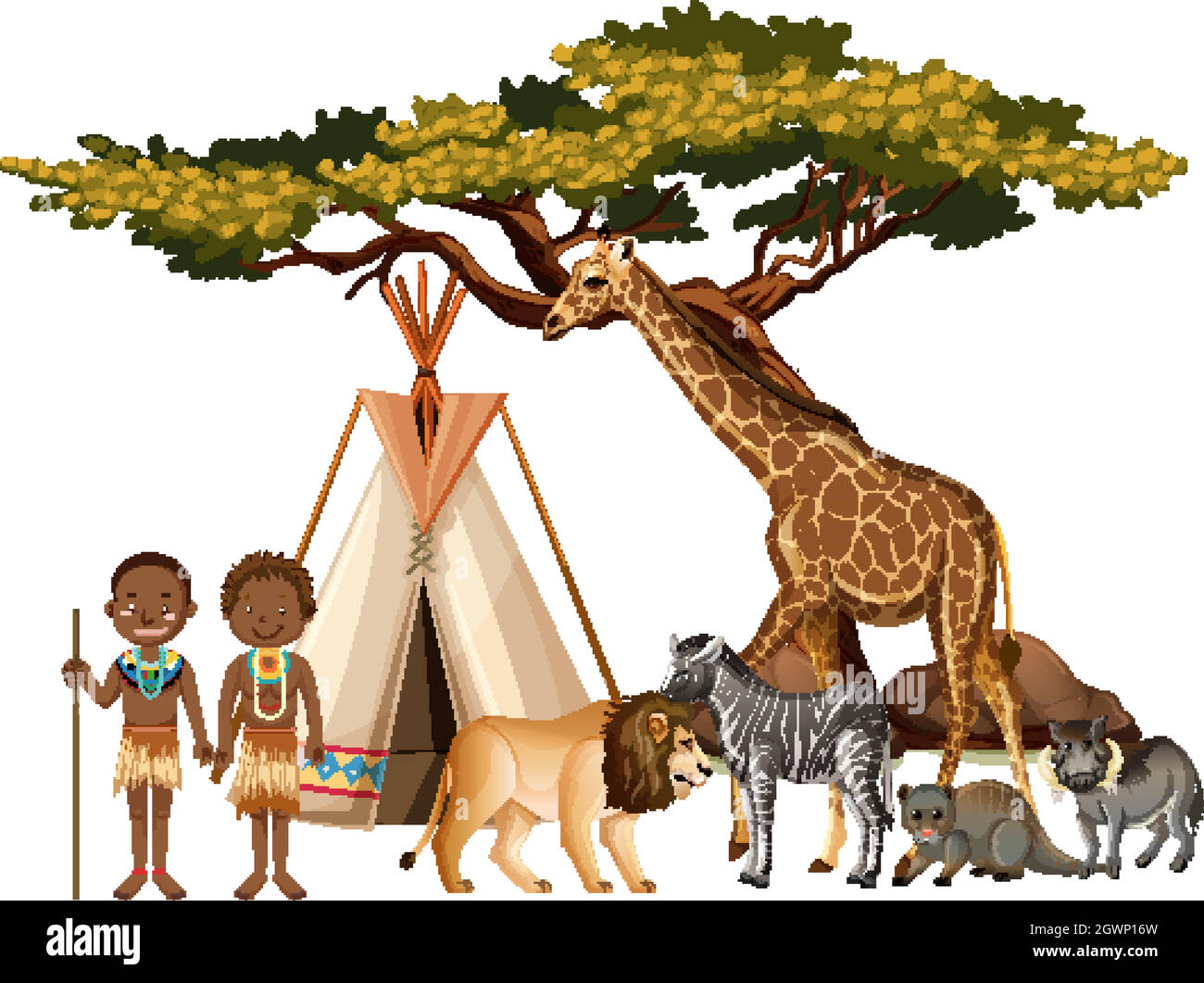 African tribe with group of wild african animal on white background ...