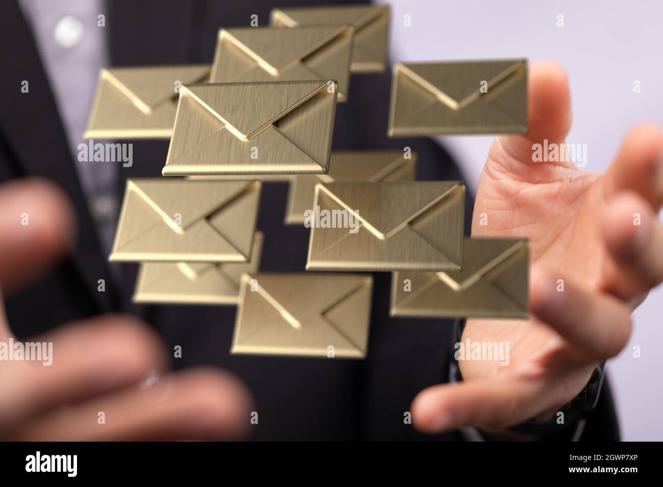 A person presenting a 3D rendered projection of email marketing concept ...