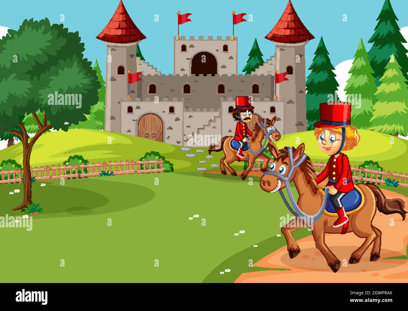 Fairytale scene with castle and soldier royal guard scene Stock Vector ...