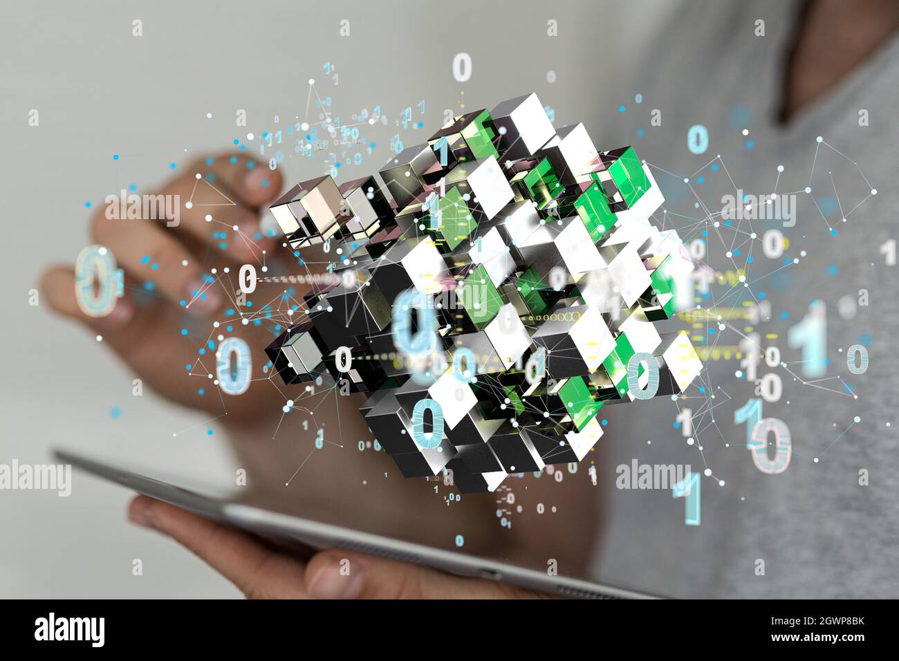 A person presenting a 3D rendered projection of data Internet infrastructure concept Stock Photo ...