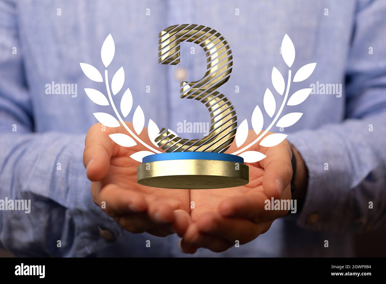 A person presenting a 3D rendered projection of a third-place award ...