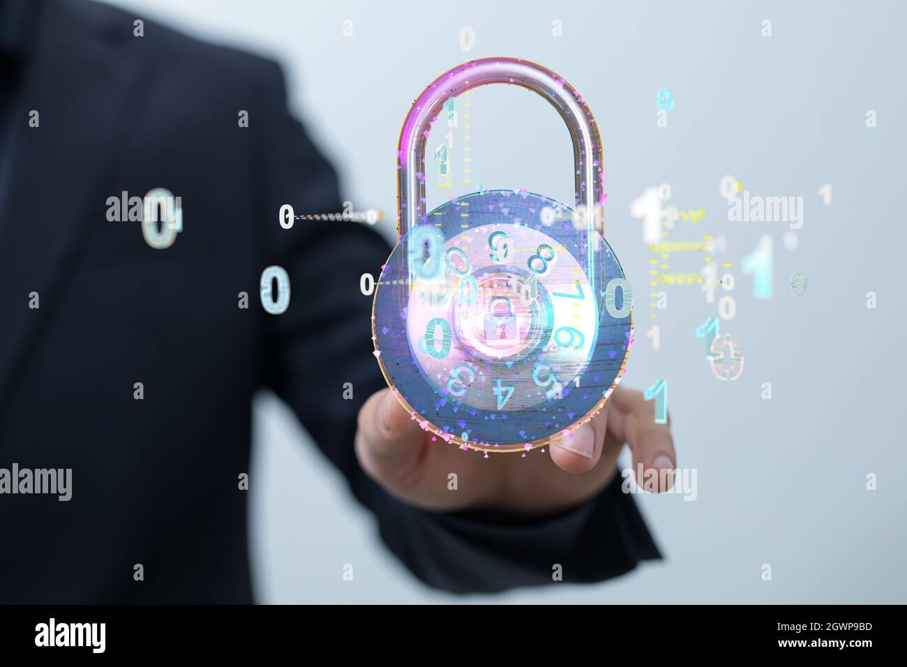 A person presenting a 3D rendered projection of cybersecurity concept ...