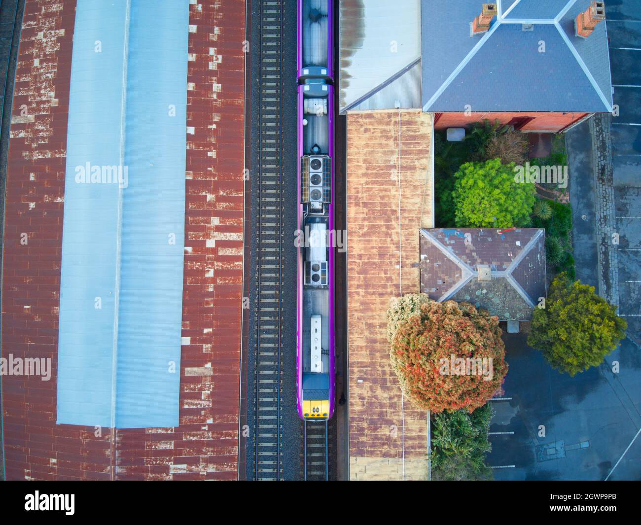 Aerial view train station platform and locomotive, intercity public ...