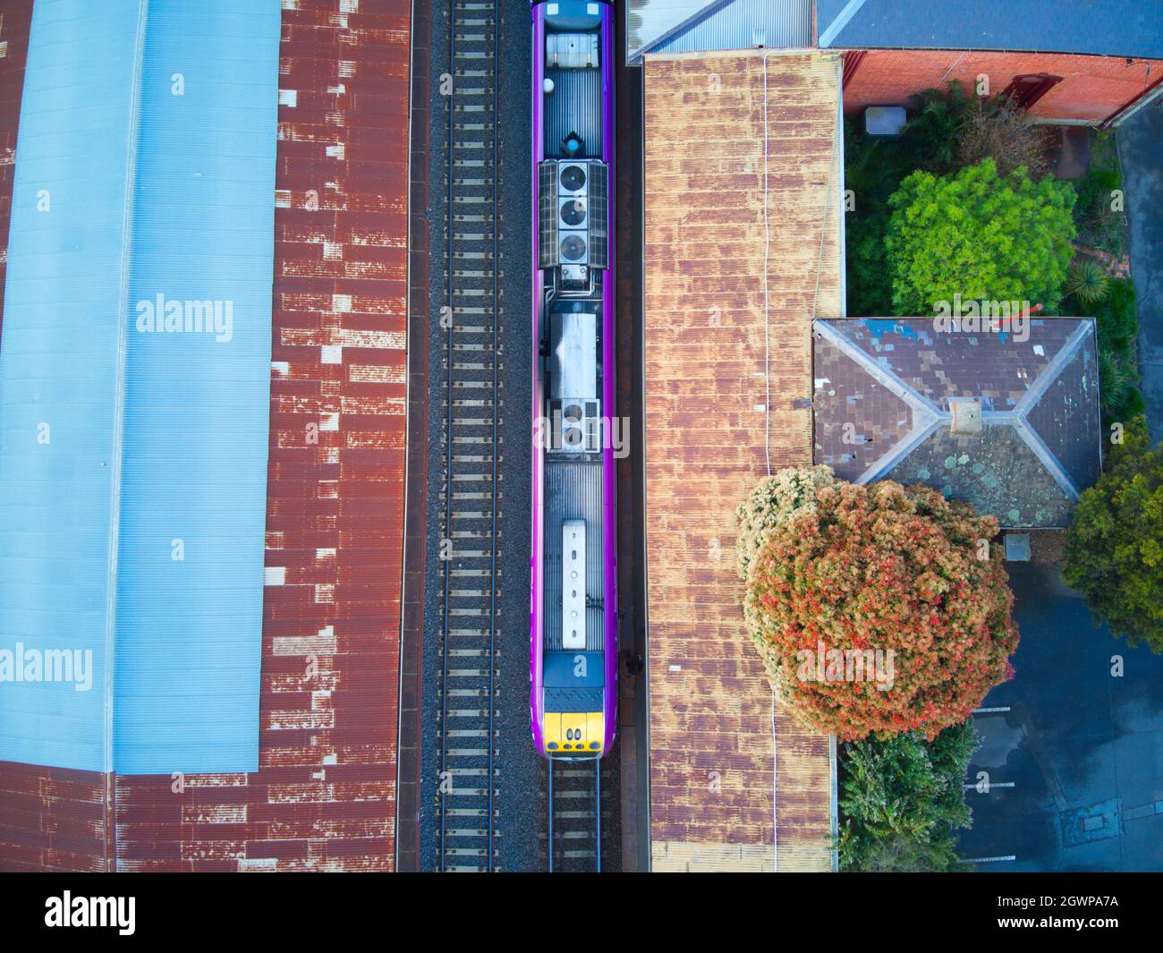 Aerial view train station platform and locomotive, intercity public ...