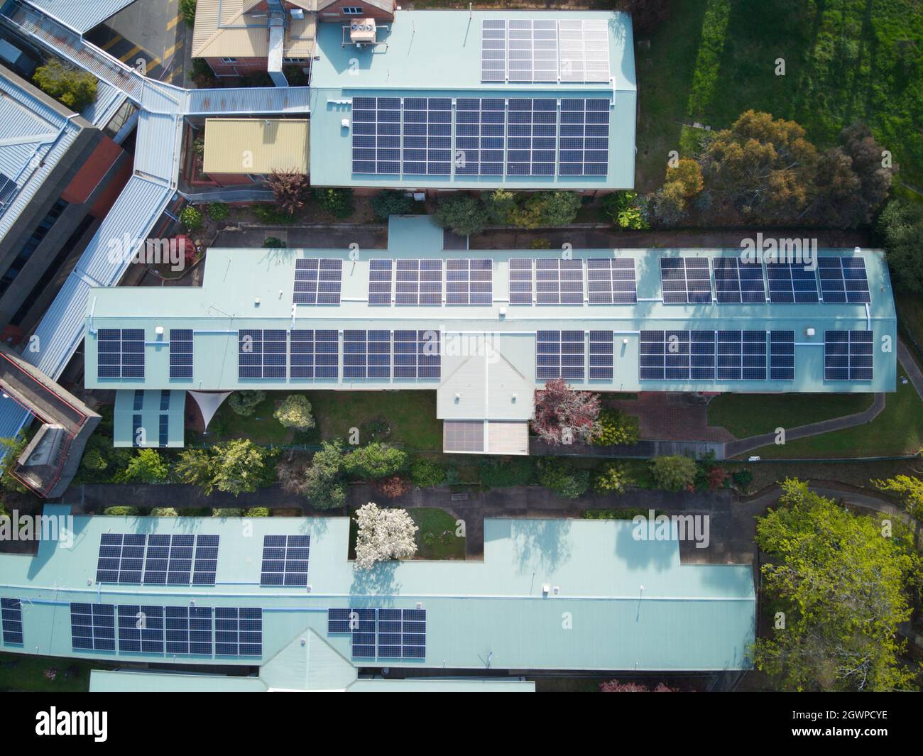 Photovoltaic solar panels on roof of a hospital building with greenery ...