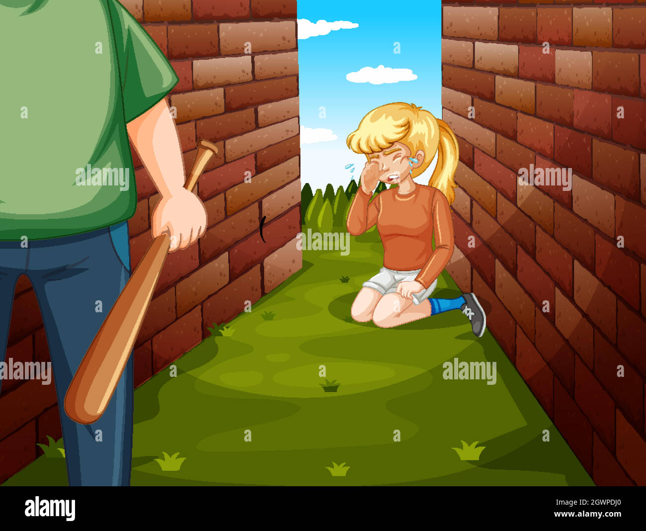 Scene with crying girl and angry man with baseball bat Stock Vector ...