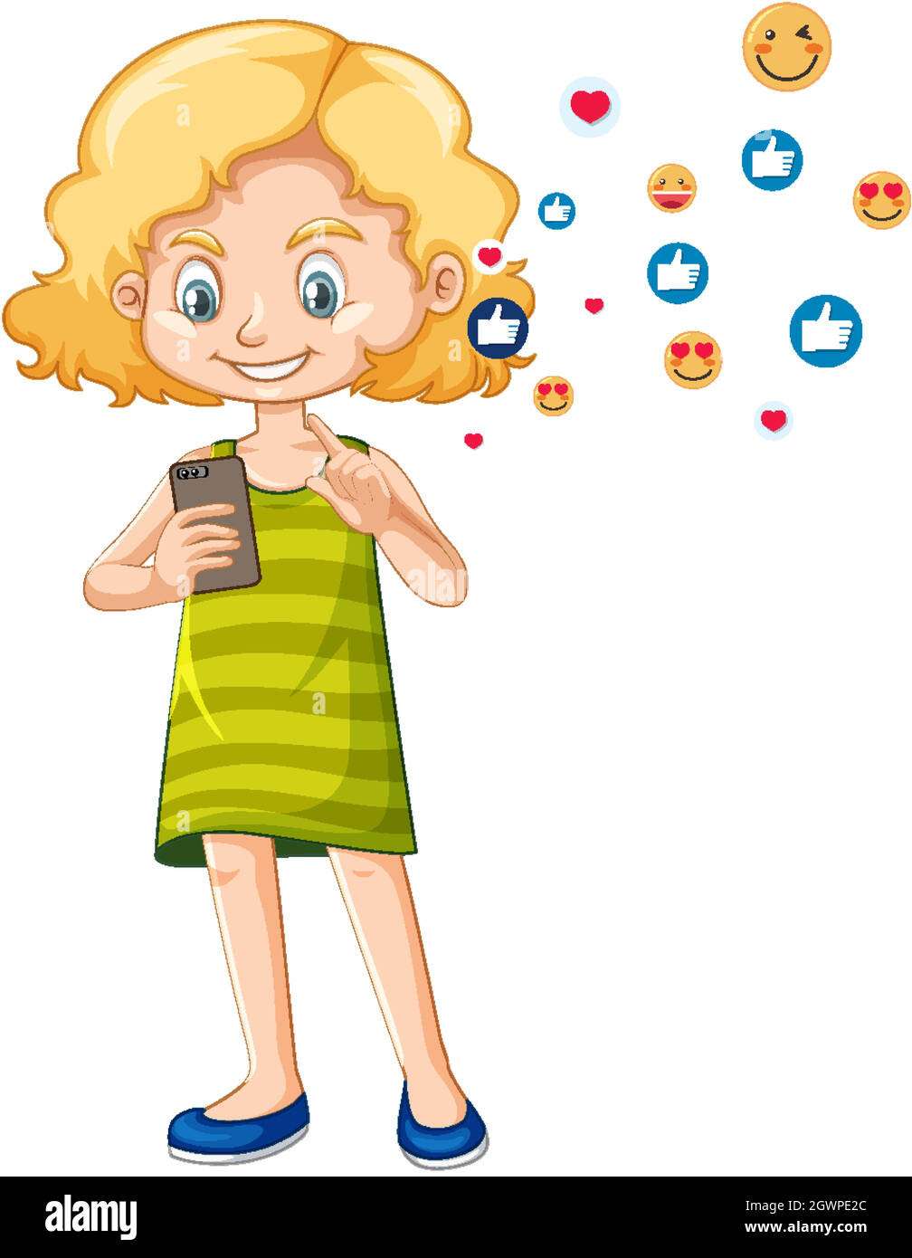 Girl in green shirt using smart phone cartoon character isolated on ...