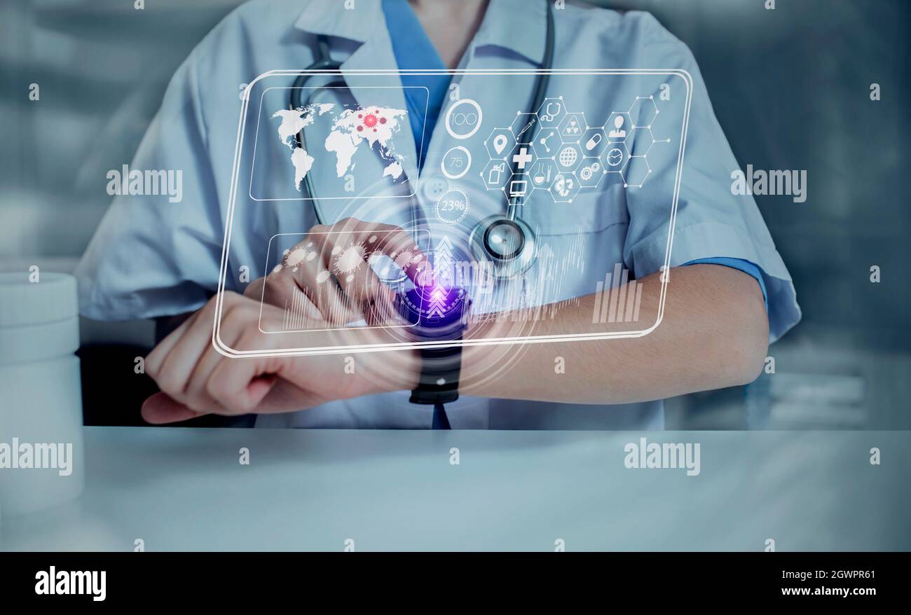 Digital composite hand holding glass interface hi-res stock photography ...