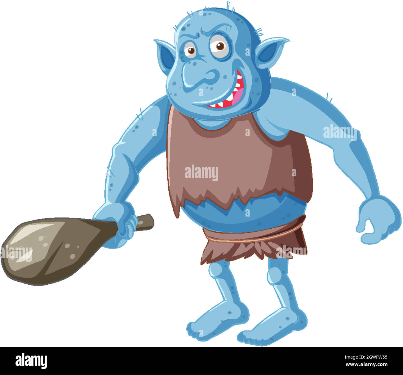 Blue goblin or troll holding hunting tool in cartoon character isolated ...