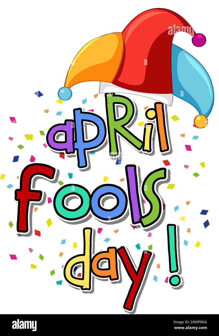 April Fool's Day font logo with Jester hat and colorful confetti Stock ...