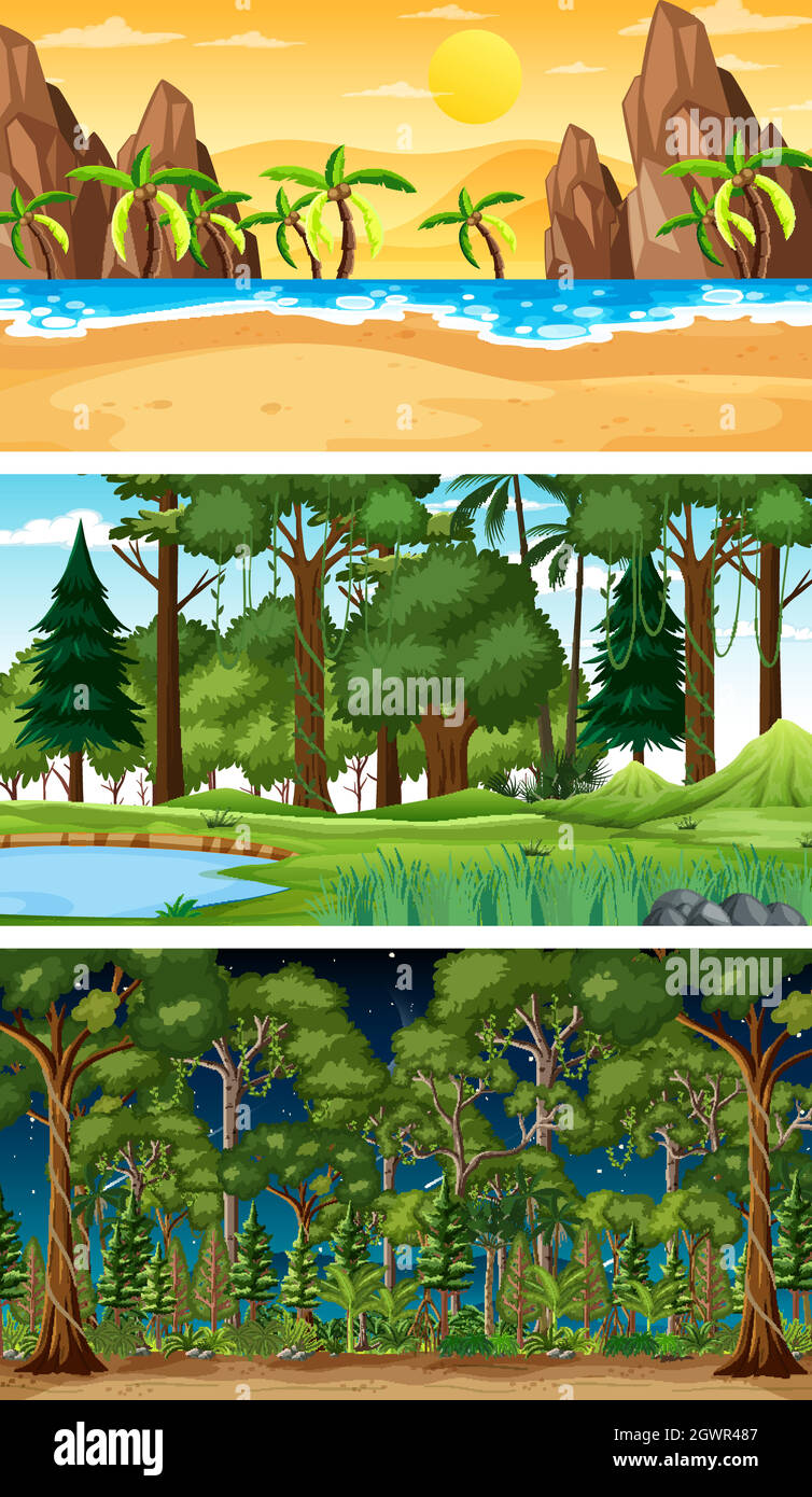 Set of different forest horizontal scenes in different times Stock ...