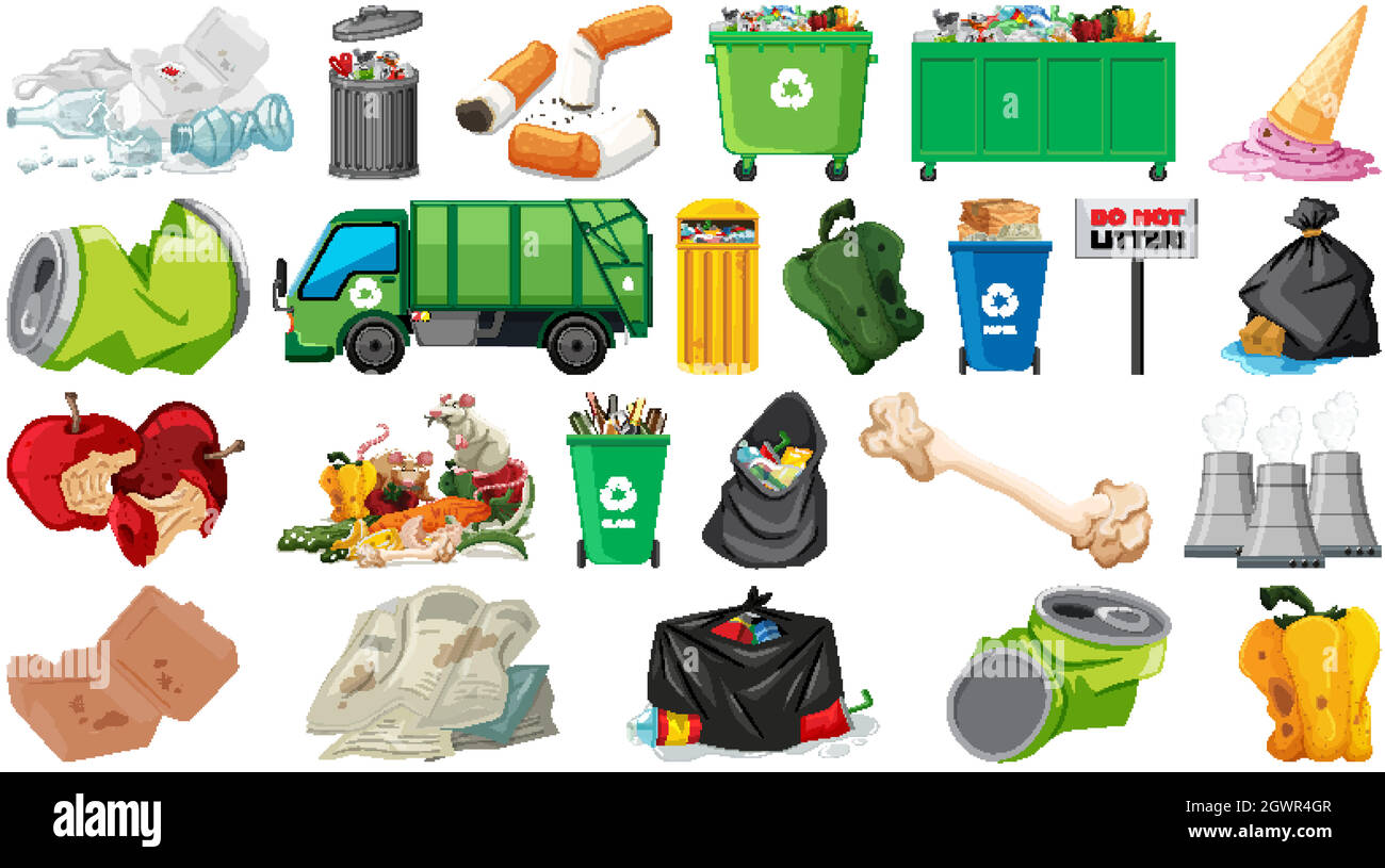 Pollution, litter, rubbish and trash objects isolated Stock Vector ...