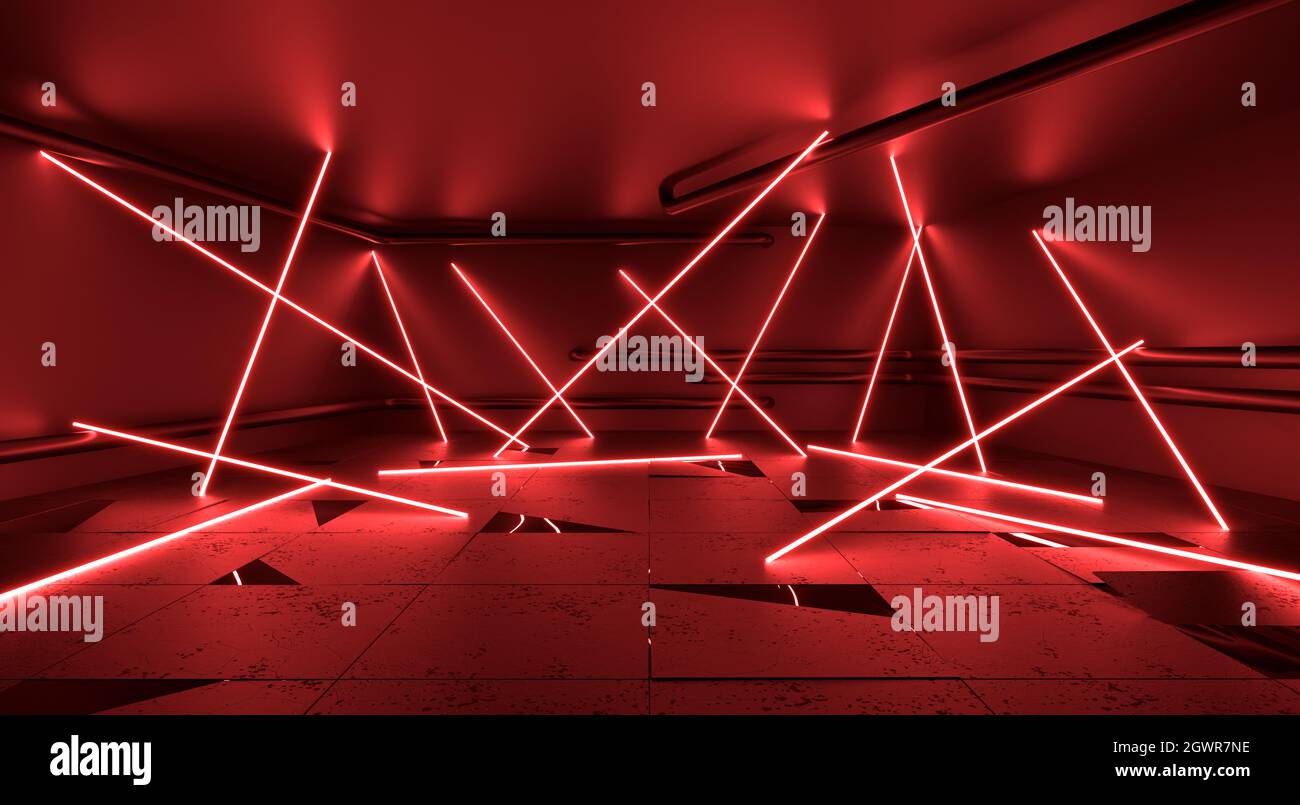 Sci Fi Futuristic Neon Laser Garage Room With Water Red Cyber ...