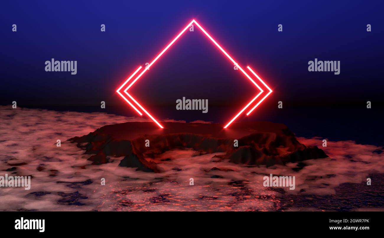 3D rendering, abstract background, energy source, red square neon ...