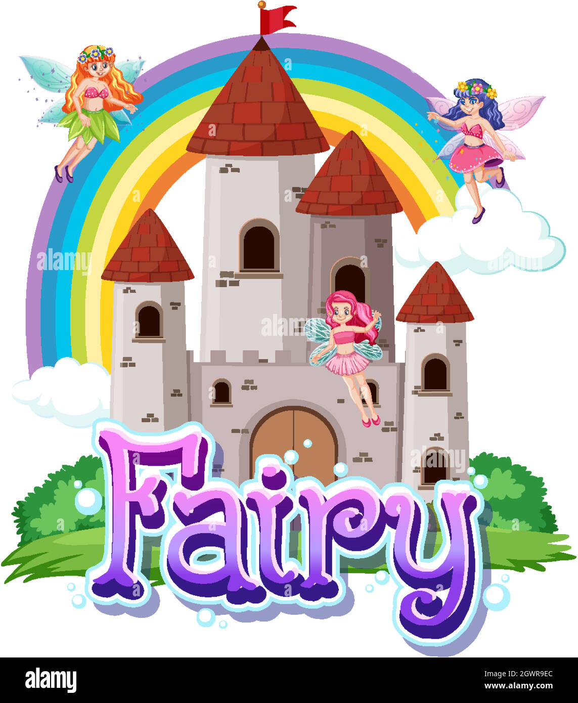 Fairy logo with little fairies on rainbow sky background Stock Vector ...
