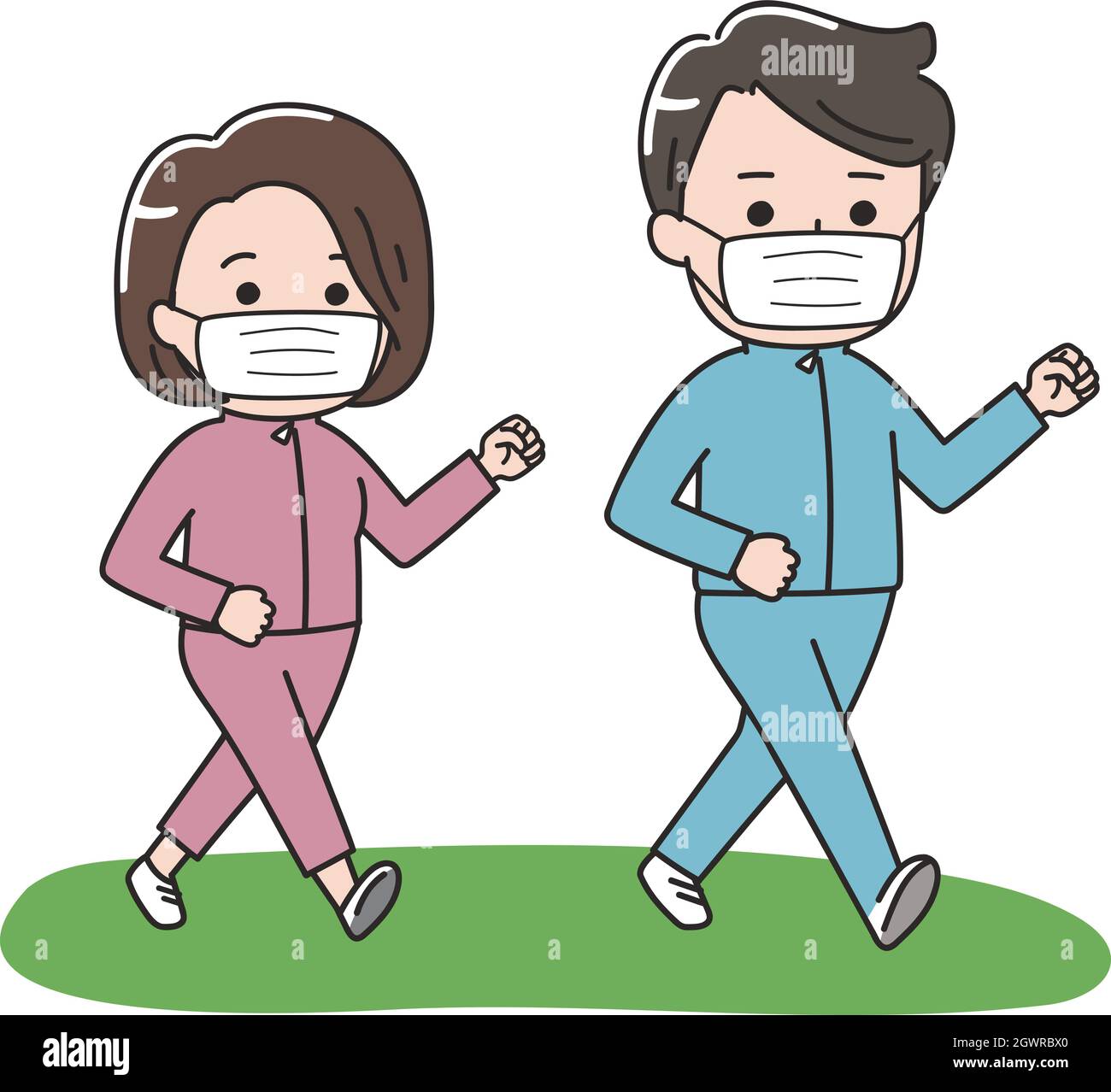 The couple diet to lose weight by walking with a mask. Vector ...