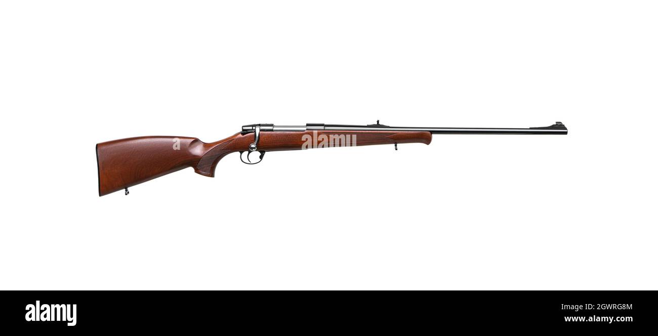 A classic bolt-action rifle with a wooden stock and mechanical sights ...