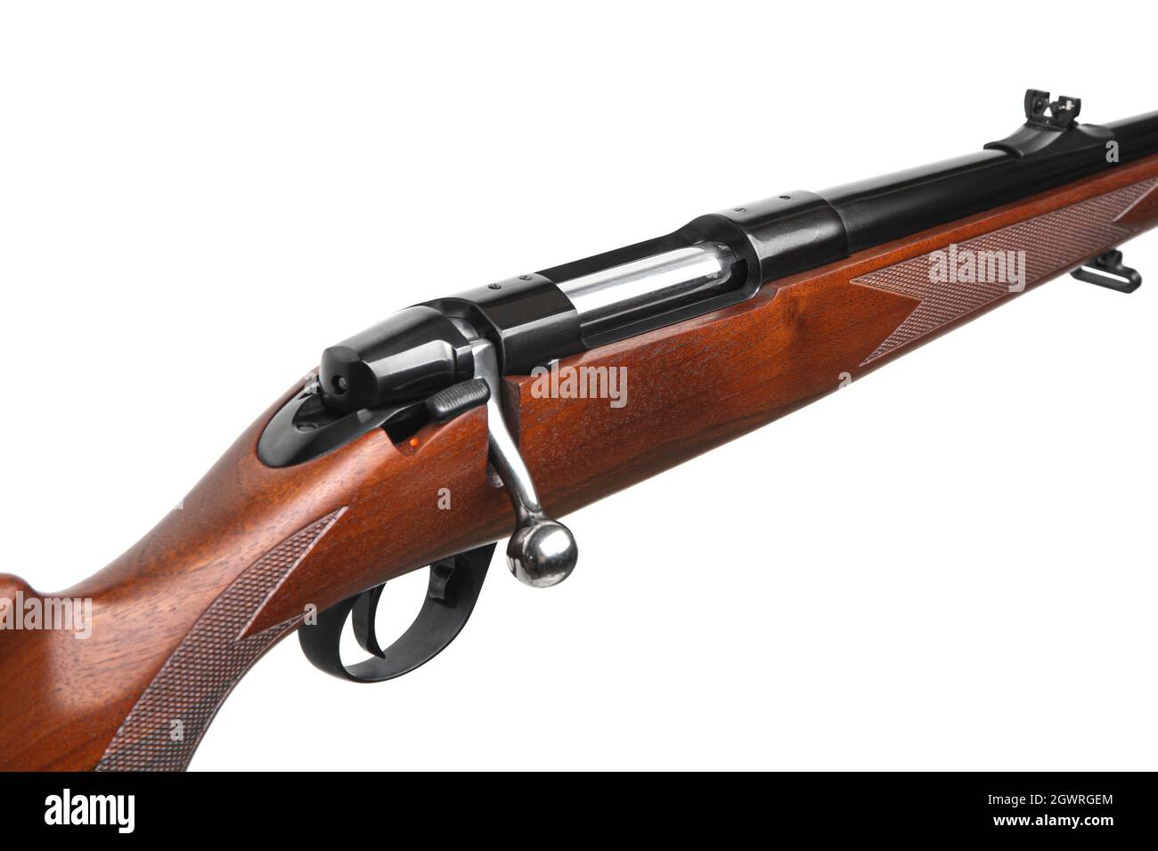 A classic bolt-action rifle with a wooden stock and mechanical sights ...