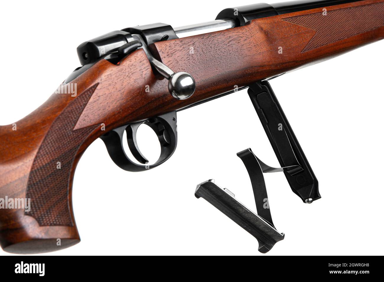 A classic bolt-action rifle with a wooden stock and mechanical sights ...