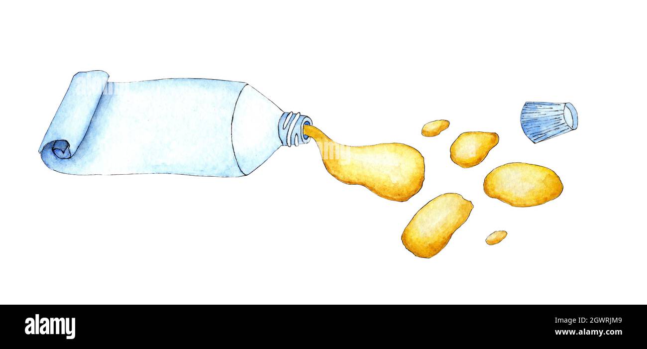 Watercolor illustration of a white tube from which a yellow substance ...