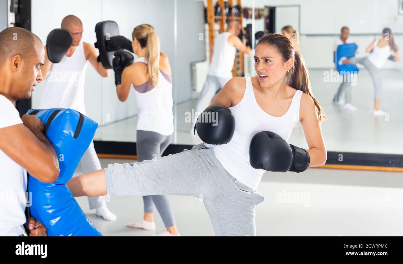 Woman kicking boxing shield in coach hands Stock Photo - Alamy