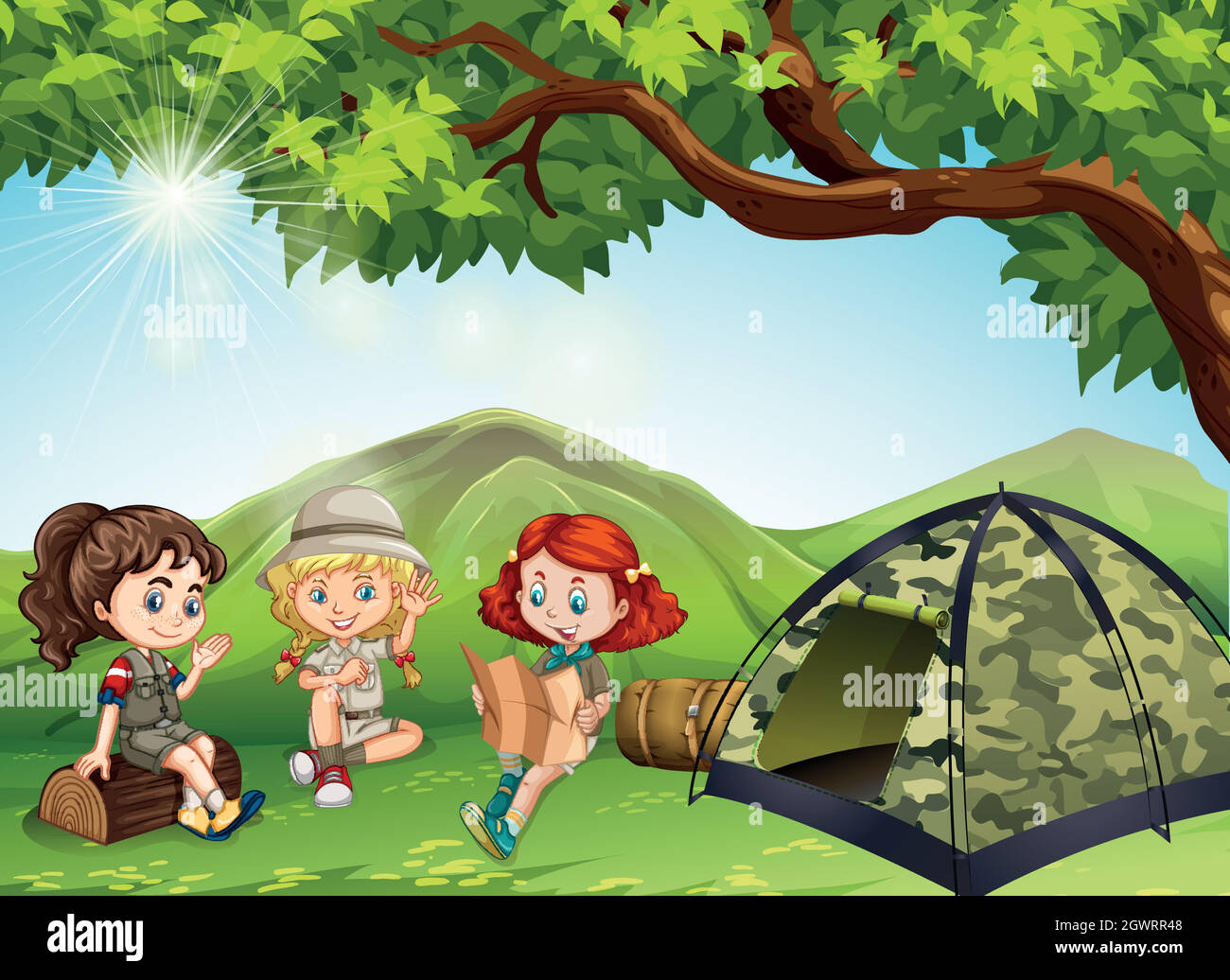 Three girls camping out in the field Stock Vector Image & Art - Alamy