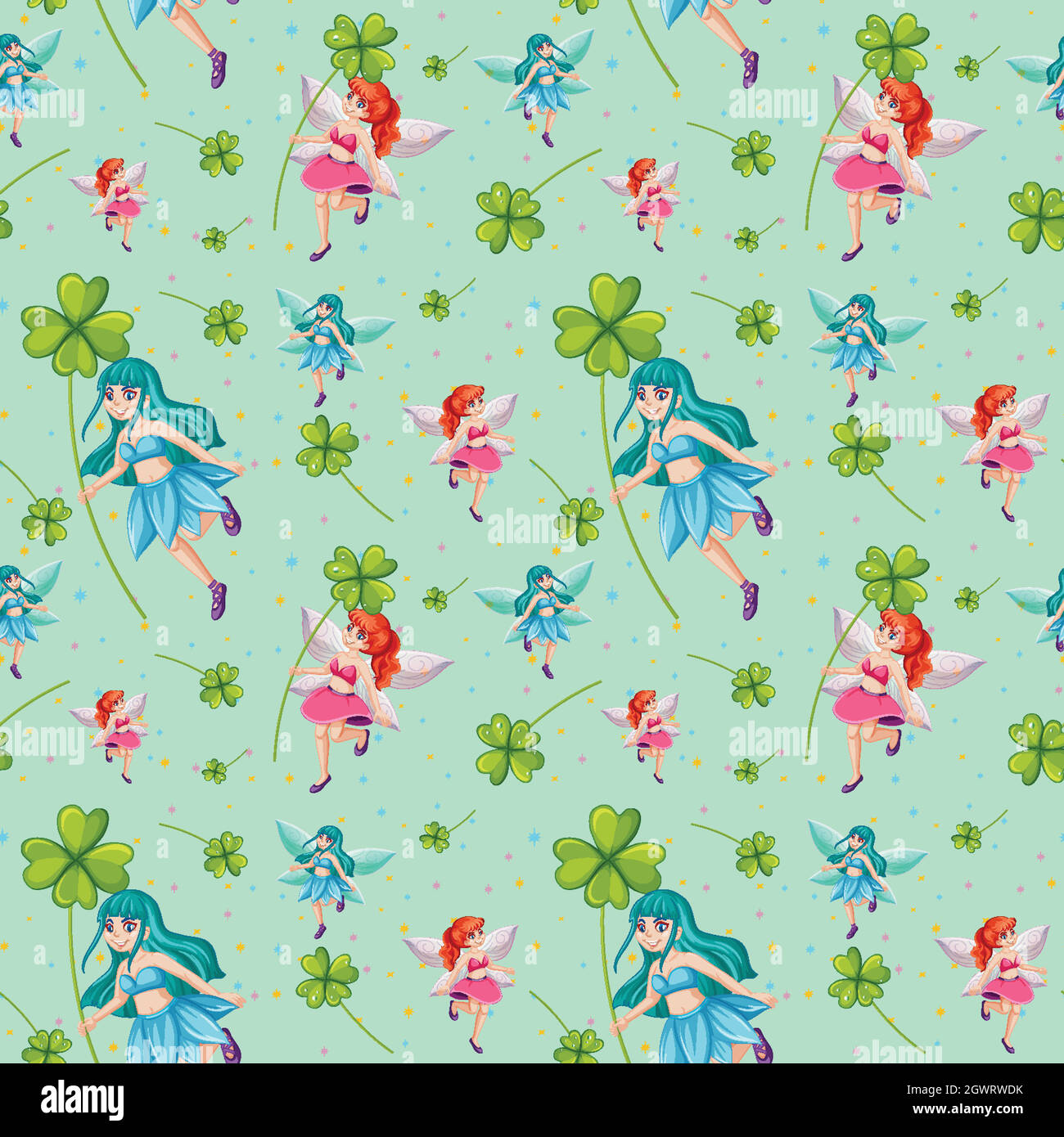 Seamless fairy tales and lucky clover cartoon style on green background ...