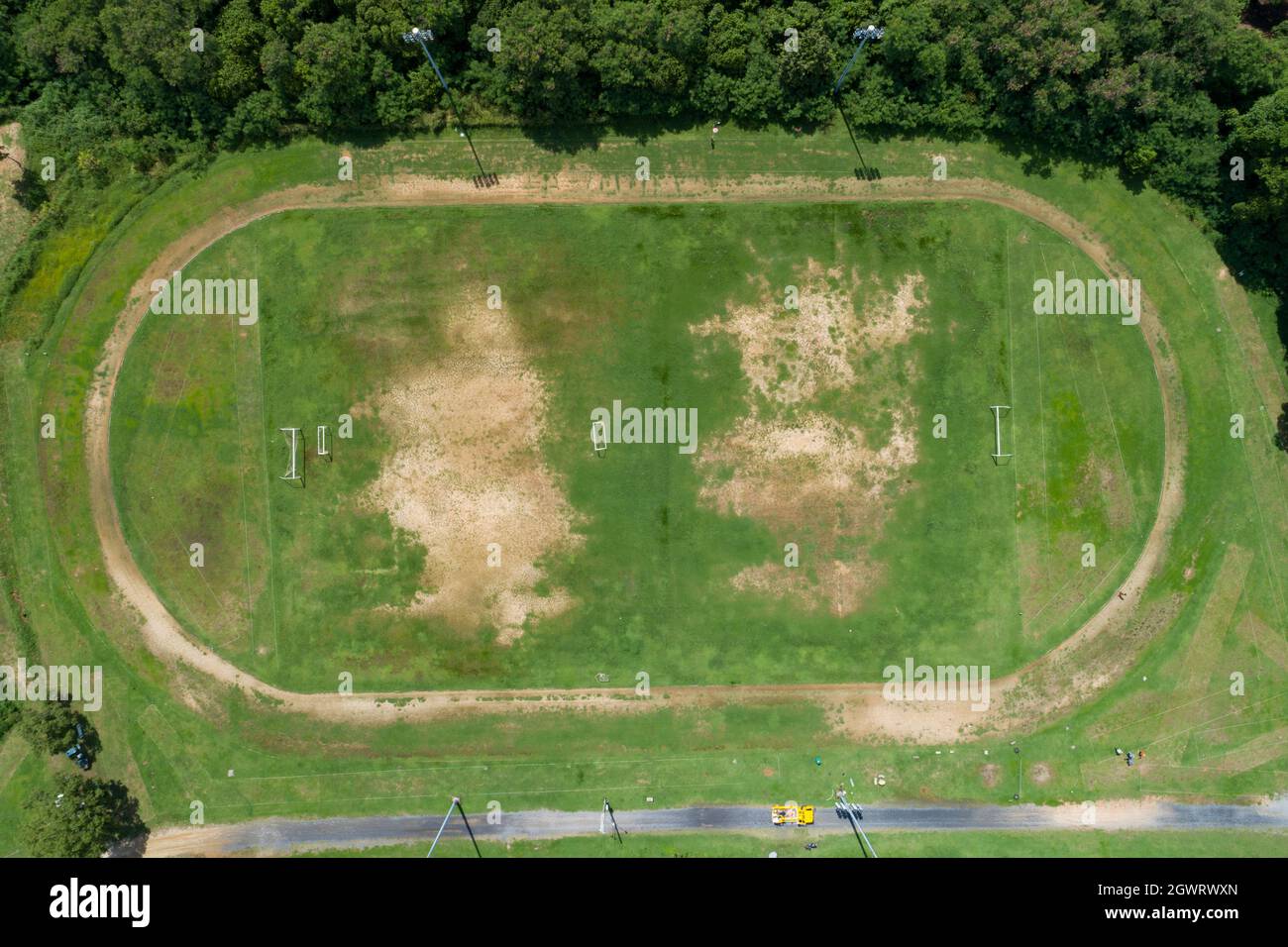 Aerial view of empty green football field with running track Empty ...