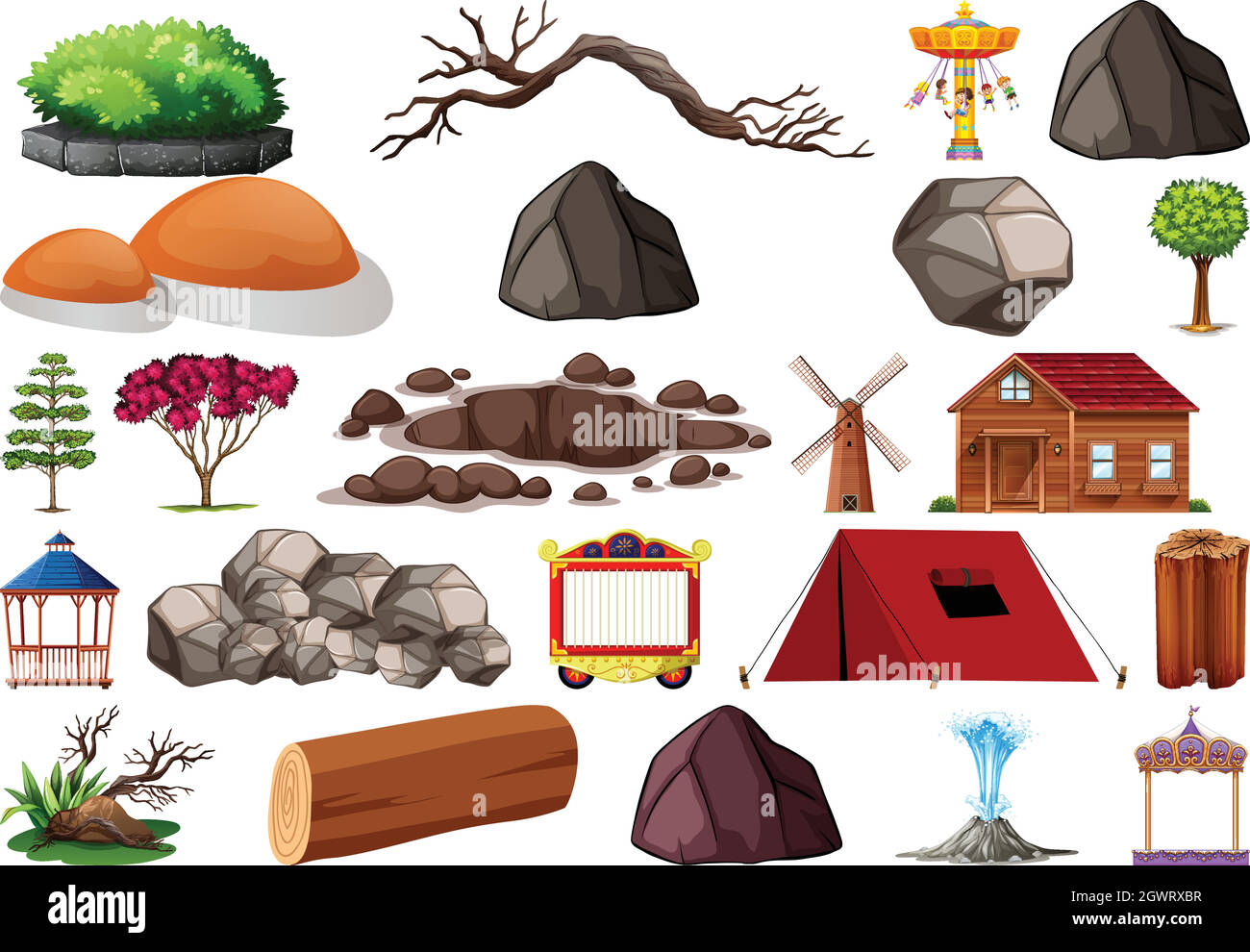 Collection of outdoor nature themed objects and plant elements Stock ...